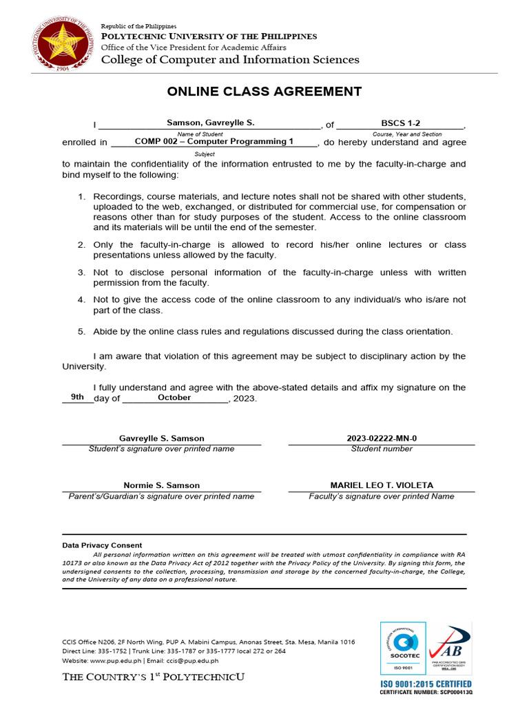 Online Class Agreement | PDF