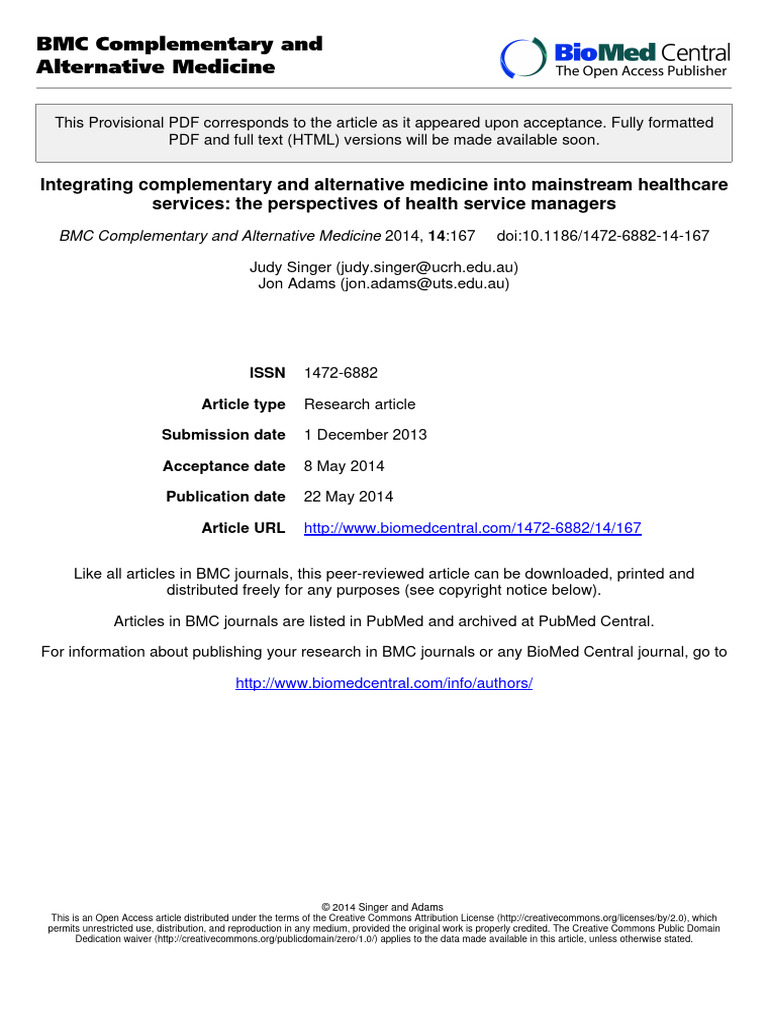 Singer, Judy Integrating Complementary and Alternative Medicine Into Mainstream Healthcare | PDF