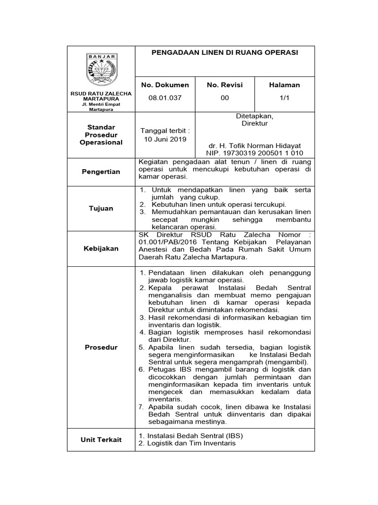 Spo Pengadaan Linen Di Ruang Operasi | PDF