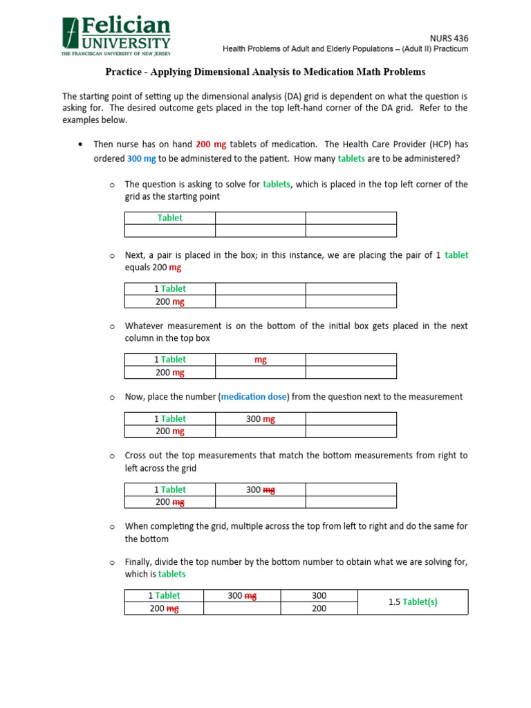 Practice - Applying Dimensional Analysis To Medication Math Problems ...