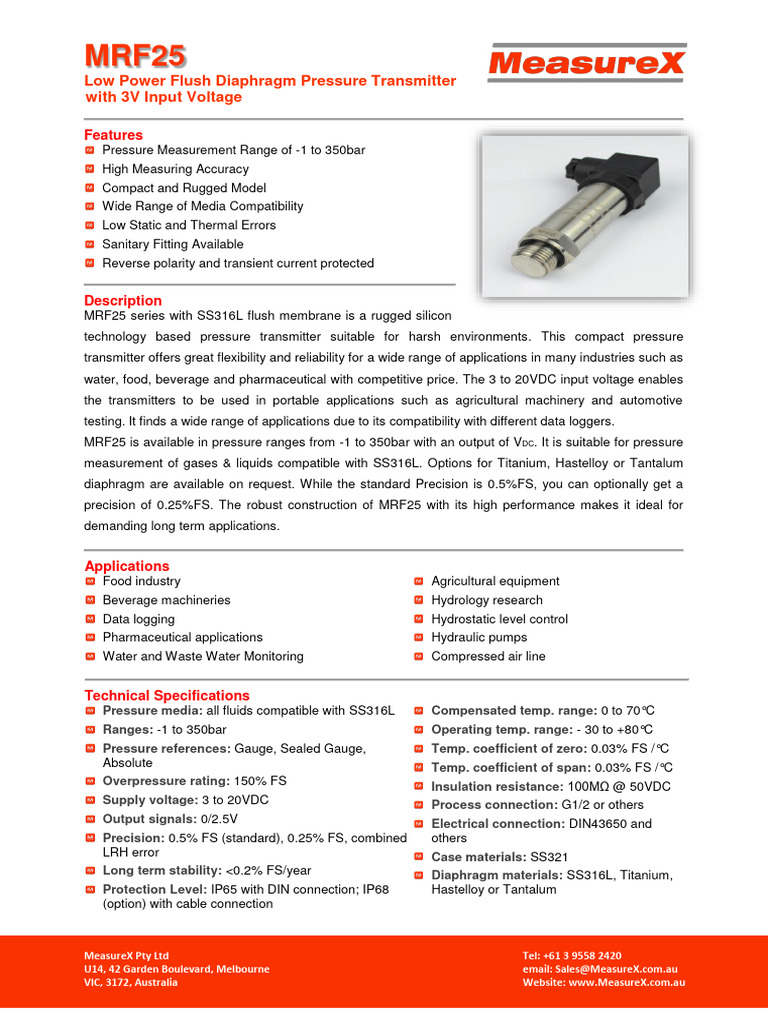 Measurex mrf25 Low Power Flush Diaphragm Piezo-Resistive Pressure ...