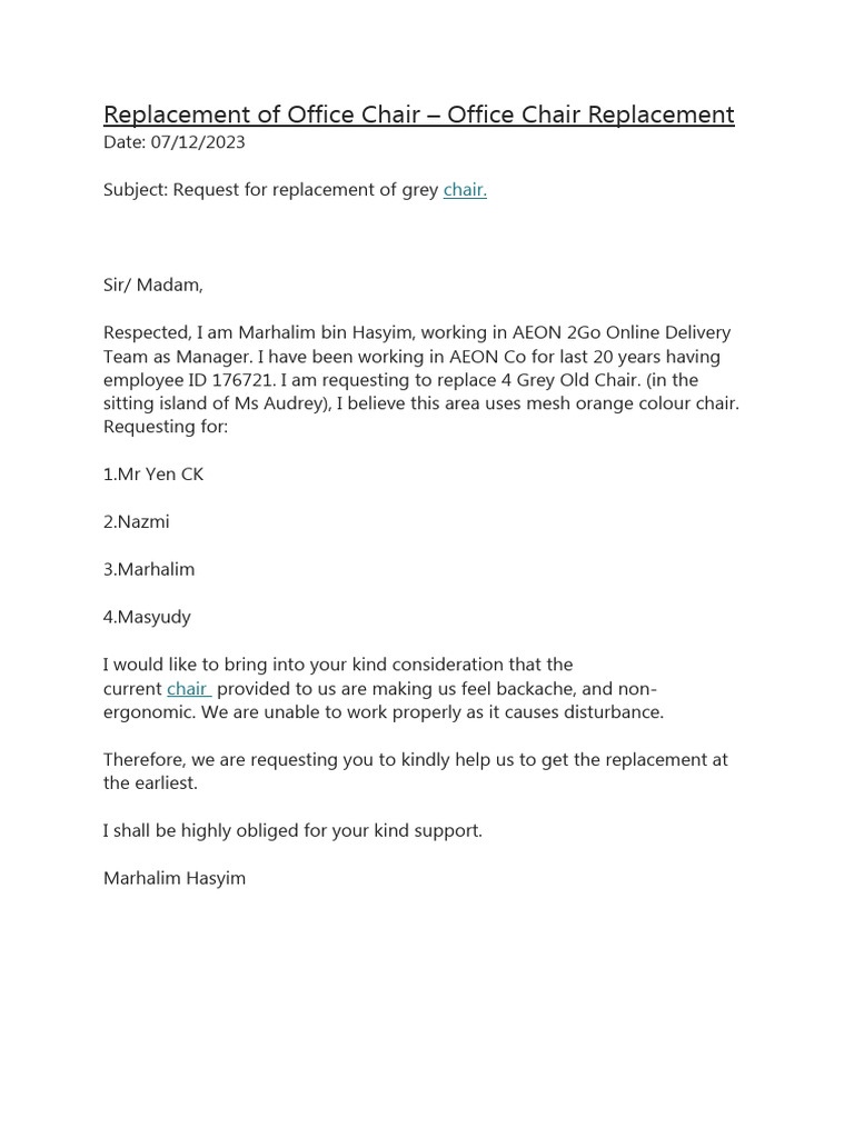 Request Letter For Replacement of Office Chair | PDF