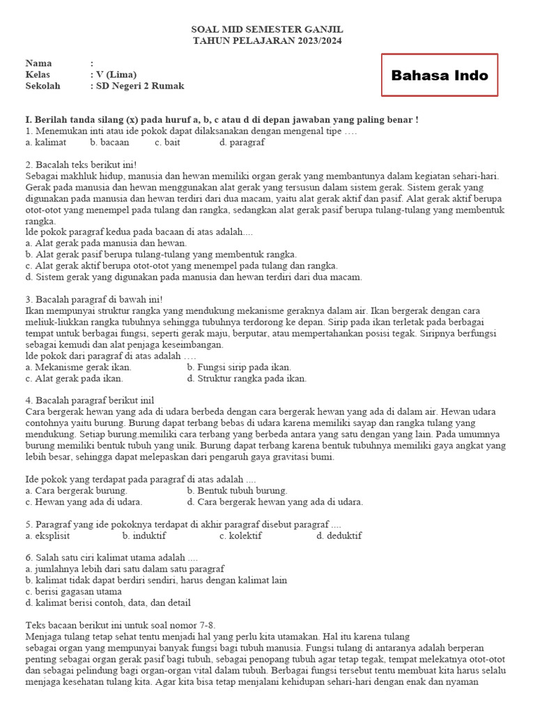 SOAL MID SEMESTER GANJIL Bahasa Indo | PDF