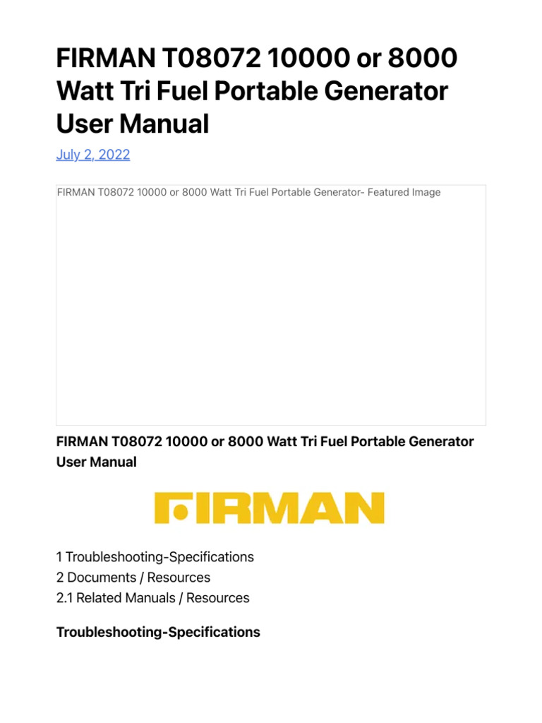 FIRMAN T08072 10000 or 8000 Watt Tri Fuel Portable Generator User ...