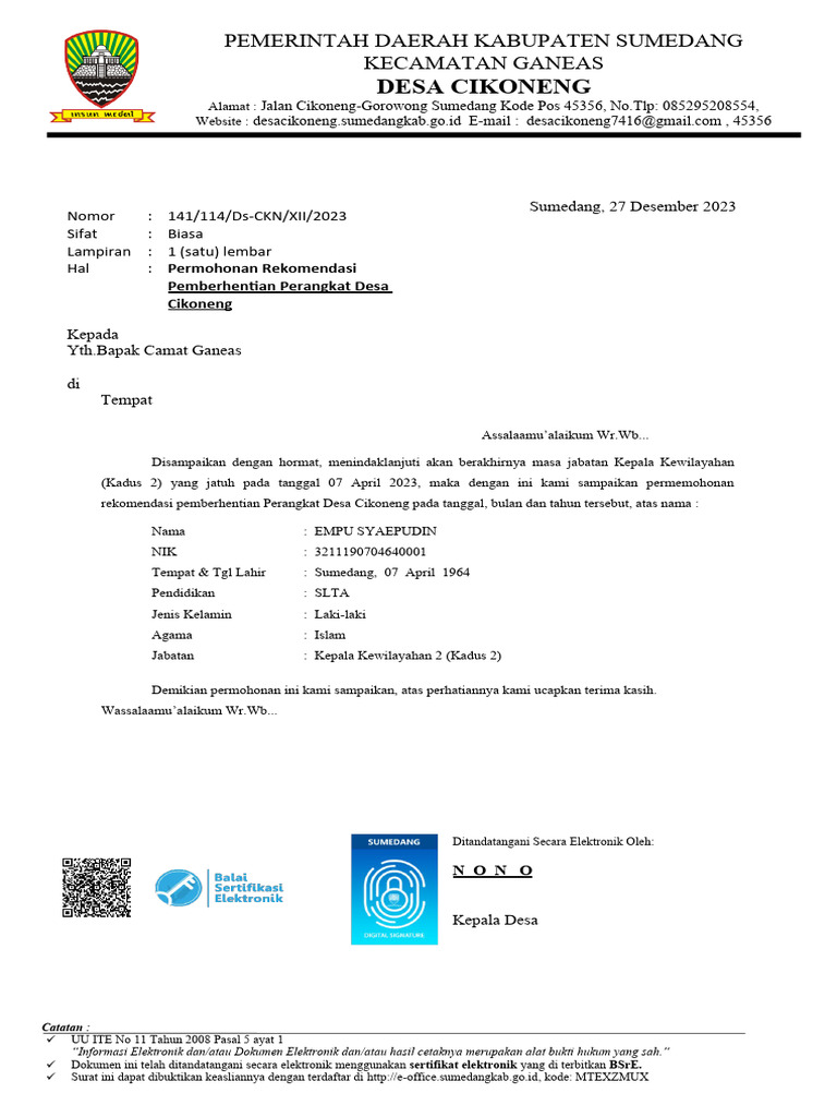 Surat Permohonan Rekom Pemberhentian | PDF