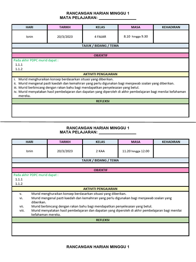 Contoh RPH Minggu 1 | PDF