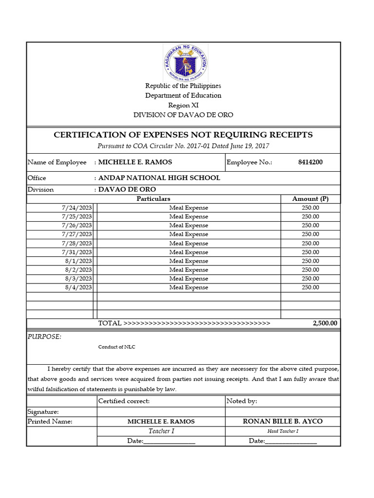 Certification of Expense Not REquiring Receipts | PDF | Income ... Certification of Expense Not REquiring Receipts | PDF | Income ...