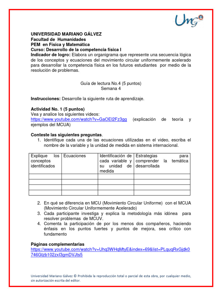 Guía No. 4 Semana 4 Desarollo de Competencia Física UMG | PDF