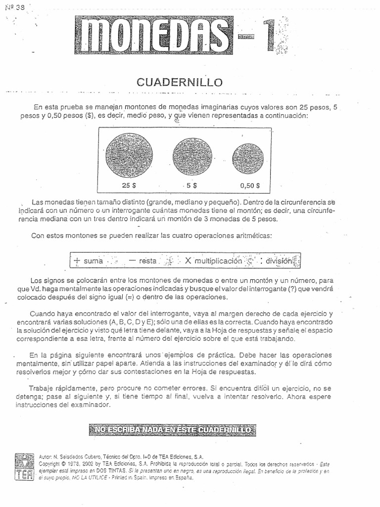 Test de Monedas - Monedas - 1 Cuadernillo | PDF | Aritmética | Matemáticas