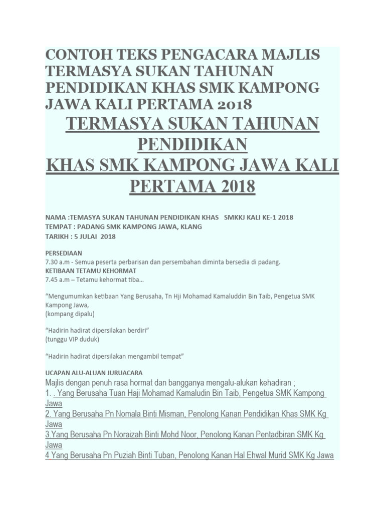 Contoh Teks Pengacara Majlis Termasya Sukan Tahunan Pendidikan Khas Smk ...