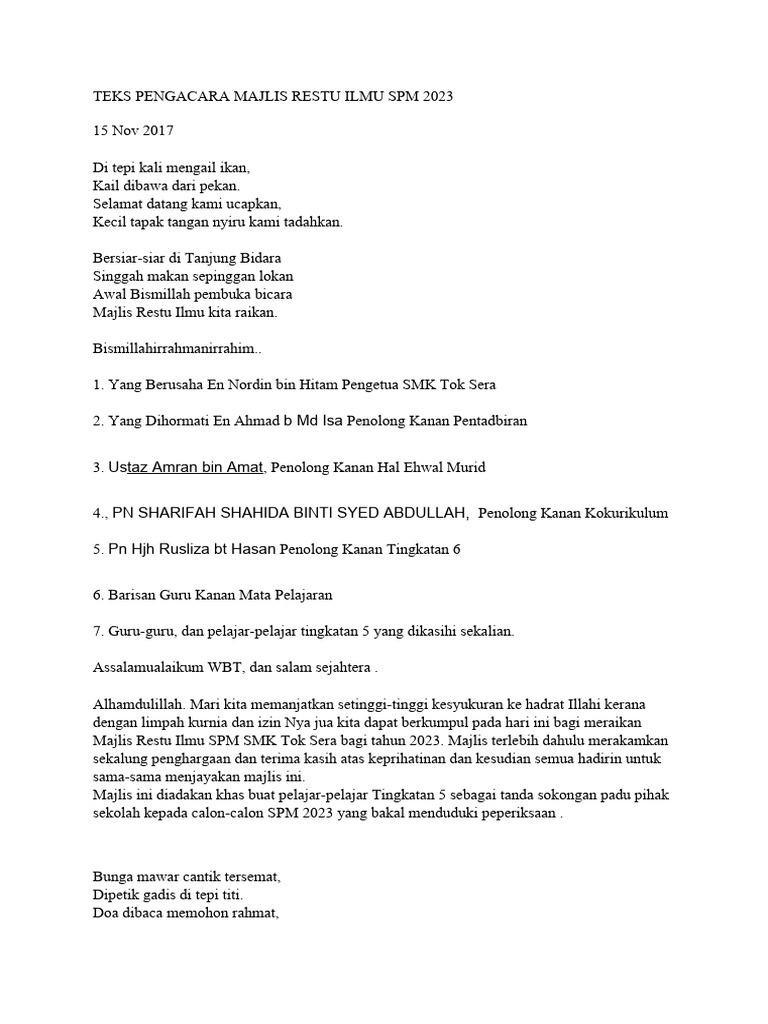 Teks Pengacara Majlis Restu Ilmu SPM 2023 | PDF