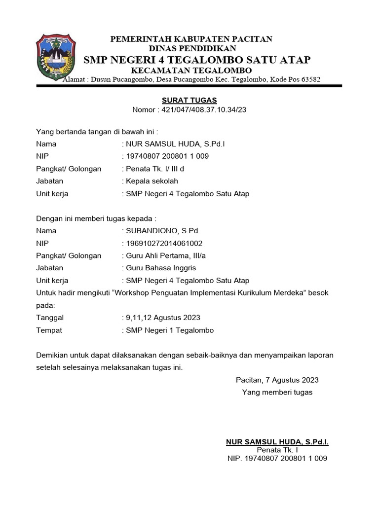 Surat Tugas Workshop IKM | PDF