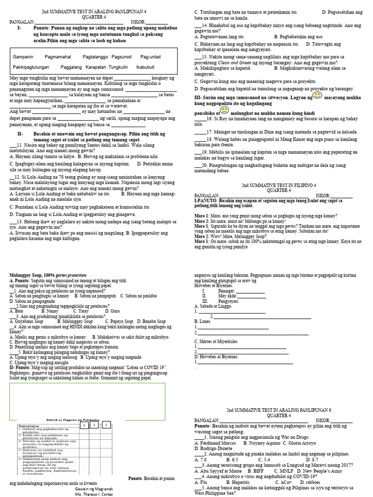 2nd SUMMATIVE TEST IN ARALING PANLIPUNAN 4 | PDF