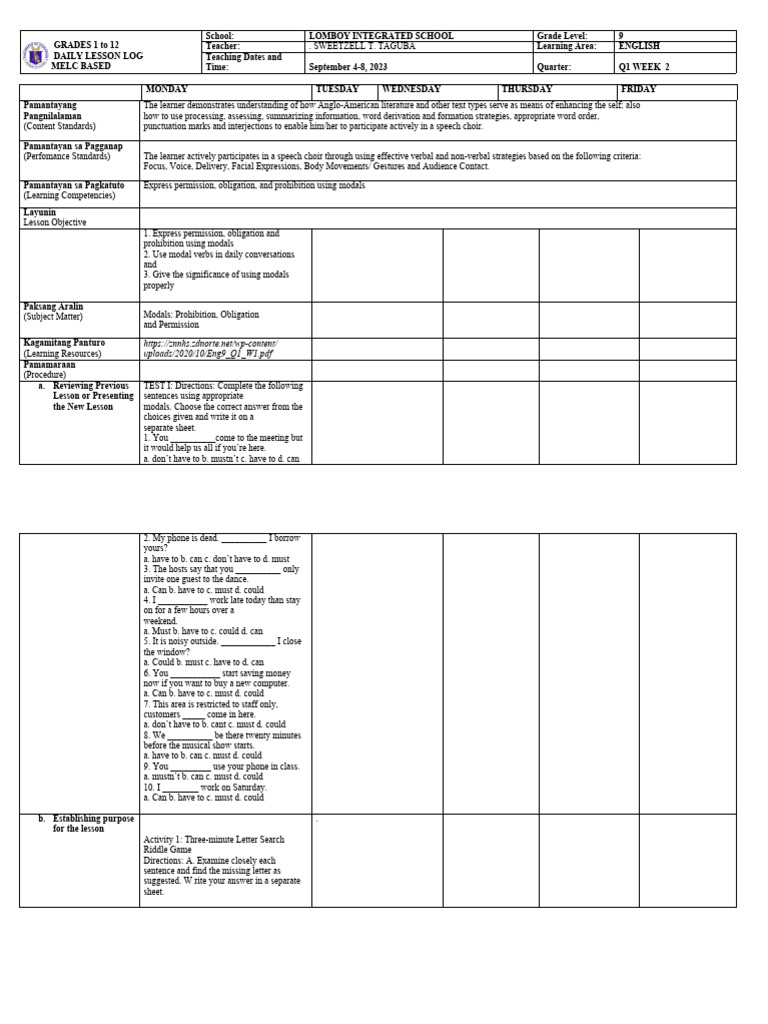 Melc DLL Eng 9 Week 1 Q1 Done | PDF | Map | Data