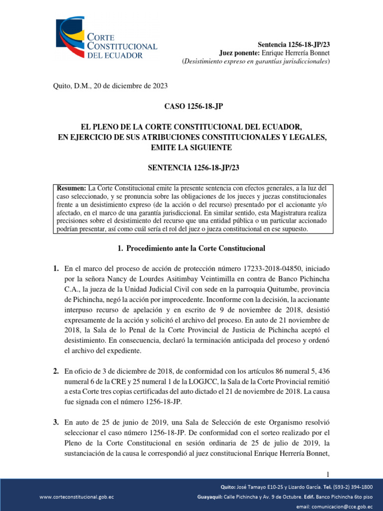 Sentencia 1256-18-JP/23 Juez Ponente: Enrique Herrería Bonnet | PDF | Sentencia (ley) | Caso de ley