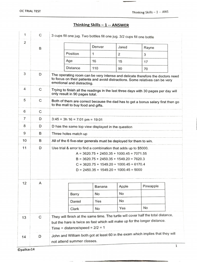 Thinking Skill OC 1-5 Answer Key | PDF