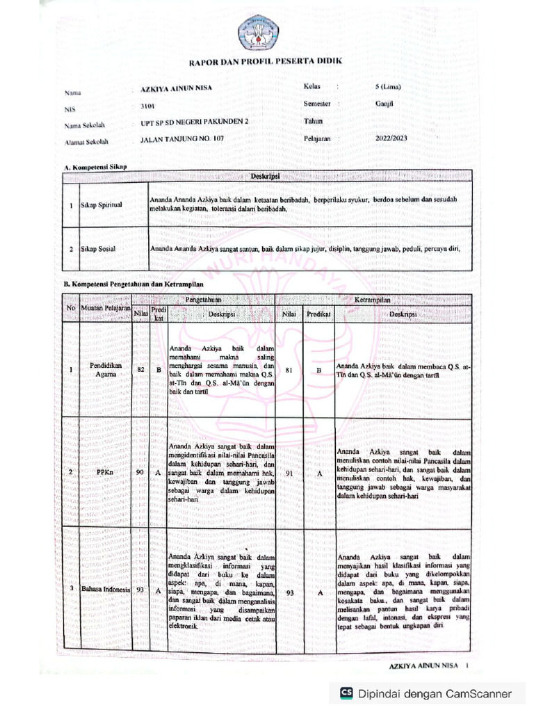 Raport Nisa Kelas 5 Sem 1,2 Kelas 6 Sem 2 | PDF