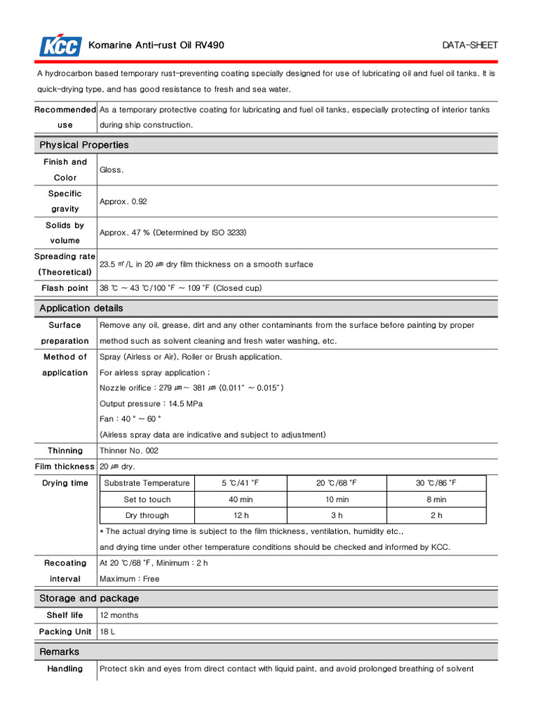KCC - DATASHEET - Komarine Anti-Rust Oil RV490 - Eng | PDF | Paint | Water