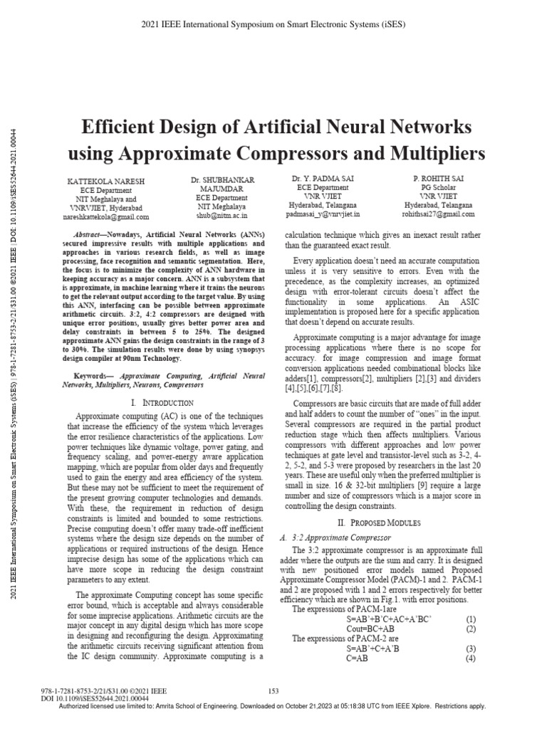 Efficient Design of Artificial Neural Networks Using Approximate Compressors and Multipliers ...