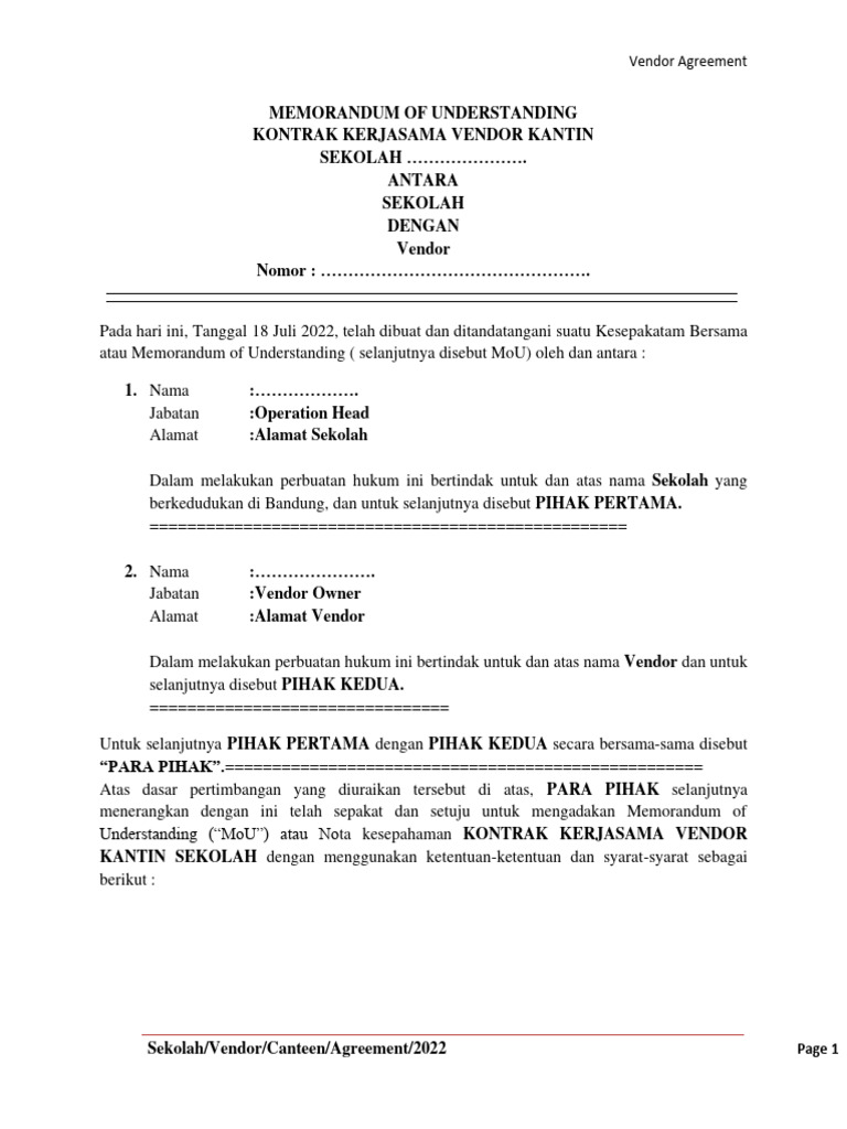 Perjanjian Kerjasama Kantin Sekolah Pdf