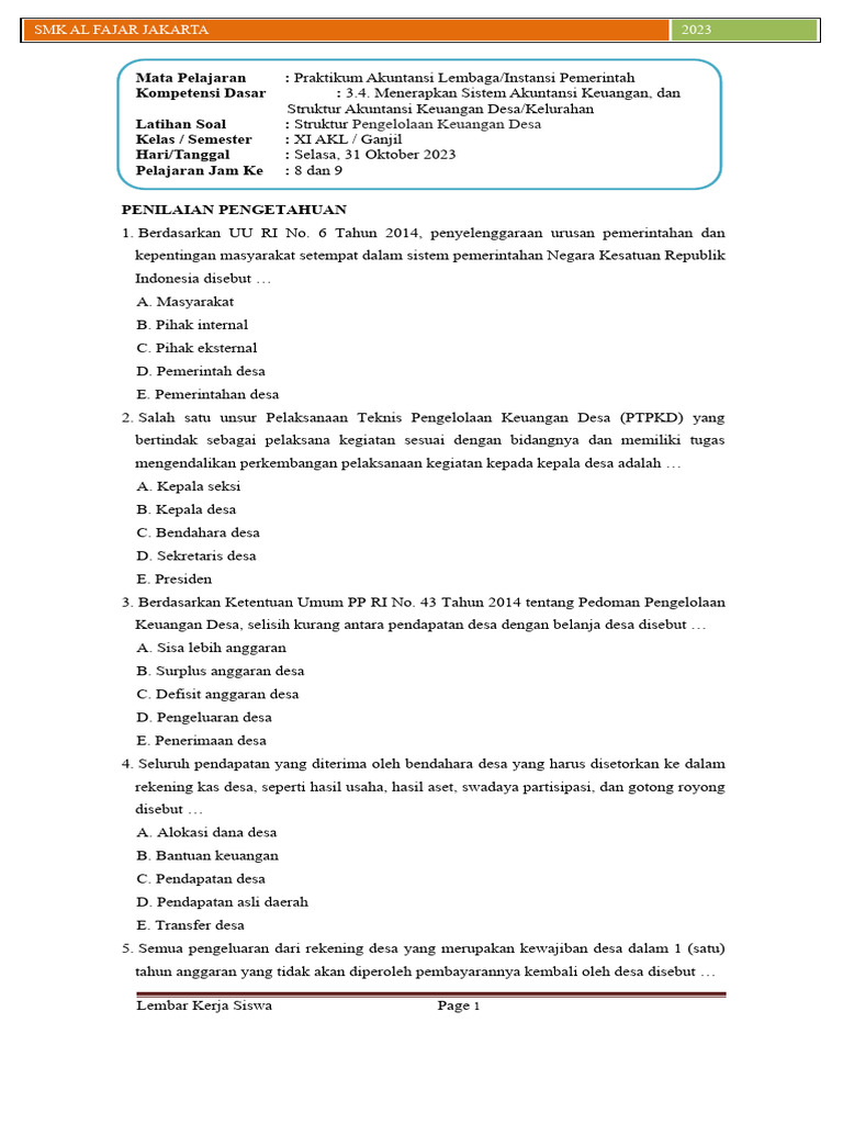 Lembar Kerja Siswa 11 AKL Akpem | PDF