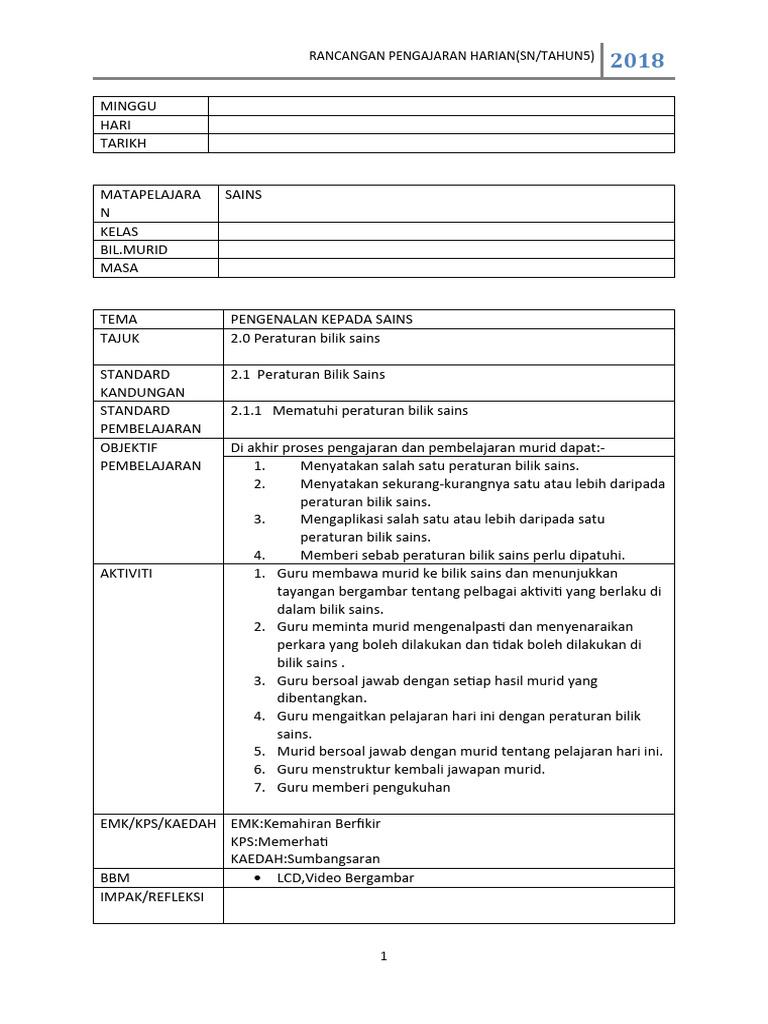 RPH Sains Tahun 5 2022 | PDF