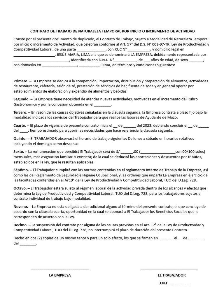 Contrato de Trabajo de Naturaleza Temporal Por Inicio o Incremento de Actividad | PDF