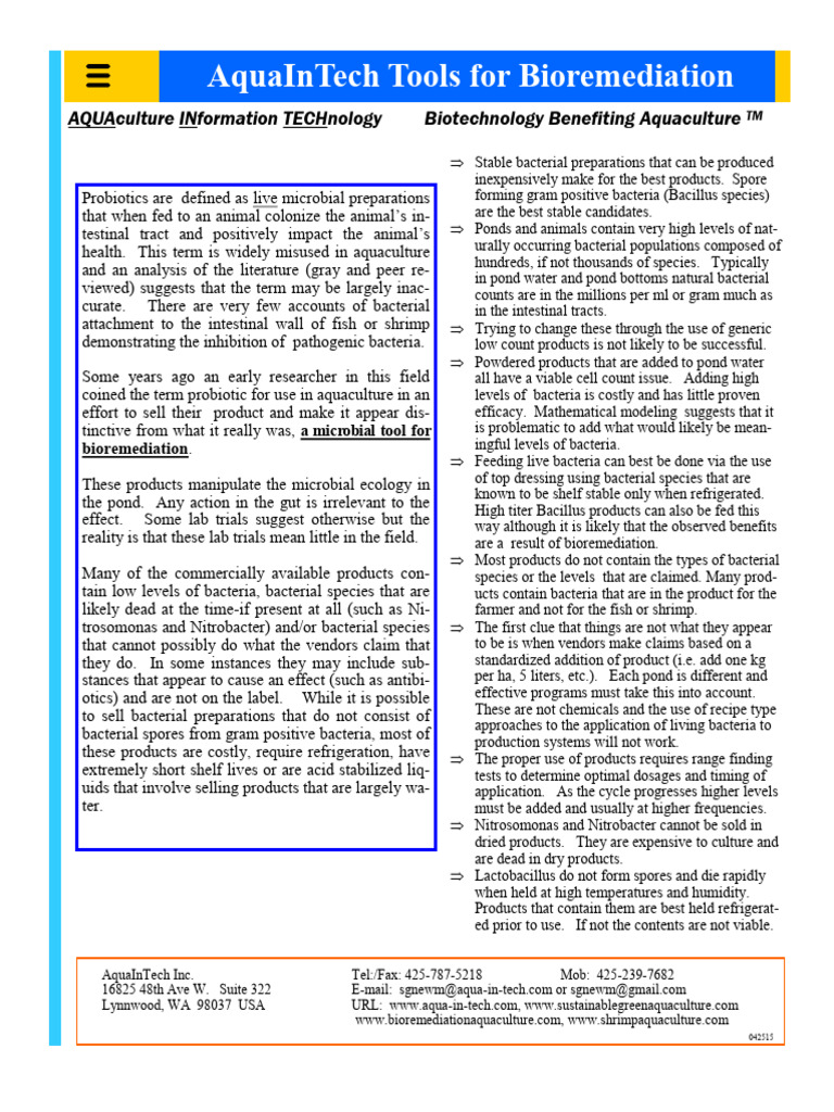 Aquaintech Tools For Bioremediation Rev 415 | PDF | Bacteria | Probiotic