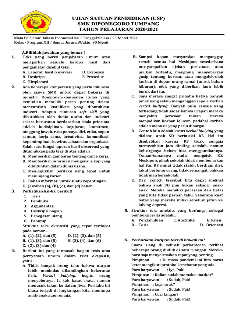 PDF Soal Usp Bahasa Indonesia - Compress | PDF