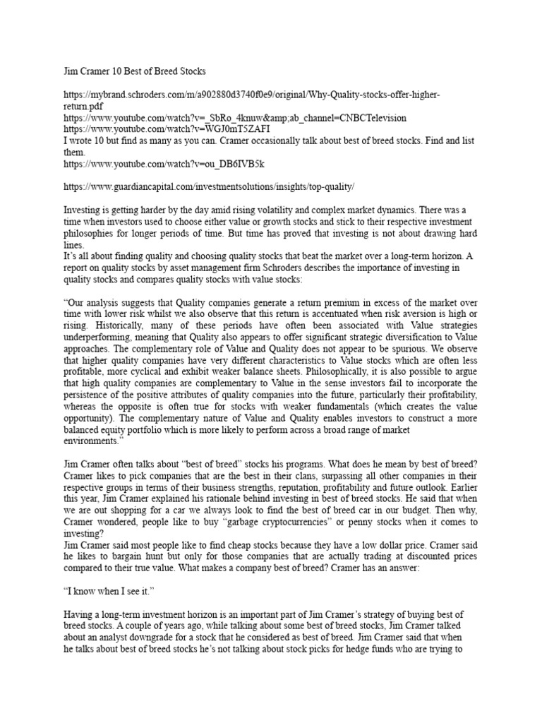 Jim Cramer 10 Best of Breed Stocks | PDF