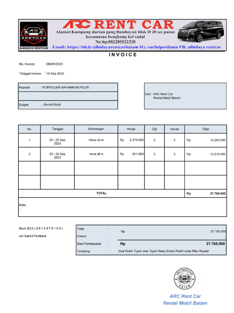 Invoice-089 - Arc Rent Car Batam-1 | PDF