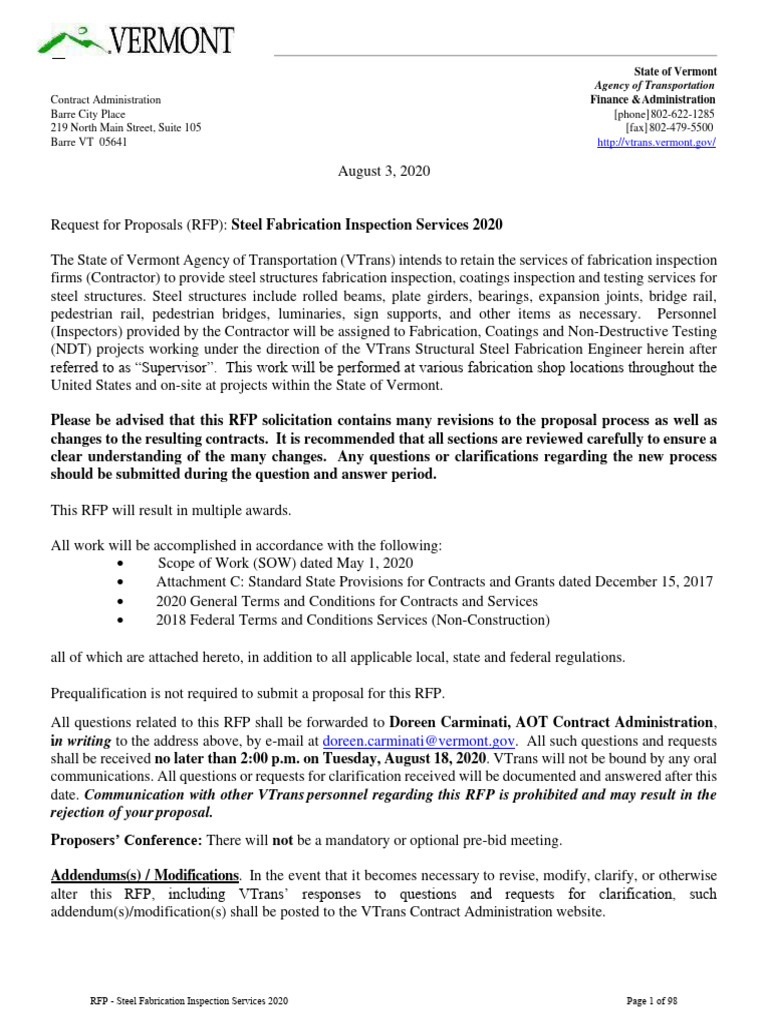Steel Fabrication Inspection RFP 2020 | PDF | Request For Proposal ...