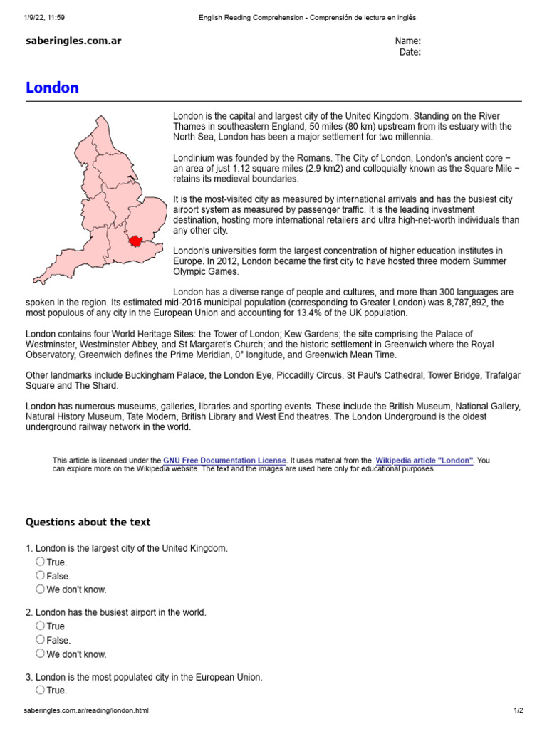 English Reading Comprehension - Comprensión de Lectura en Inglés LONDON ...