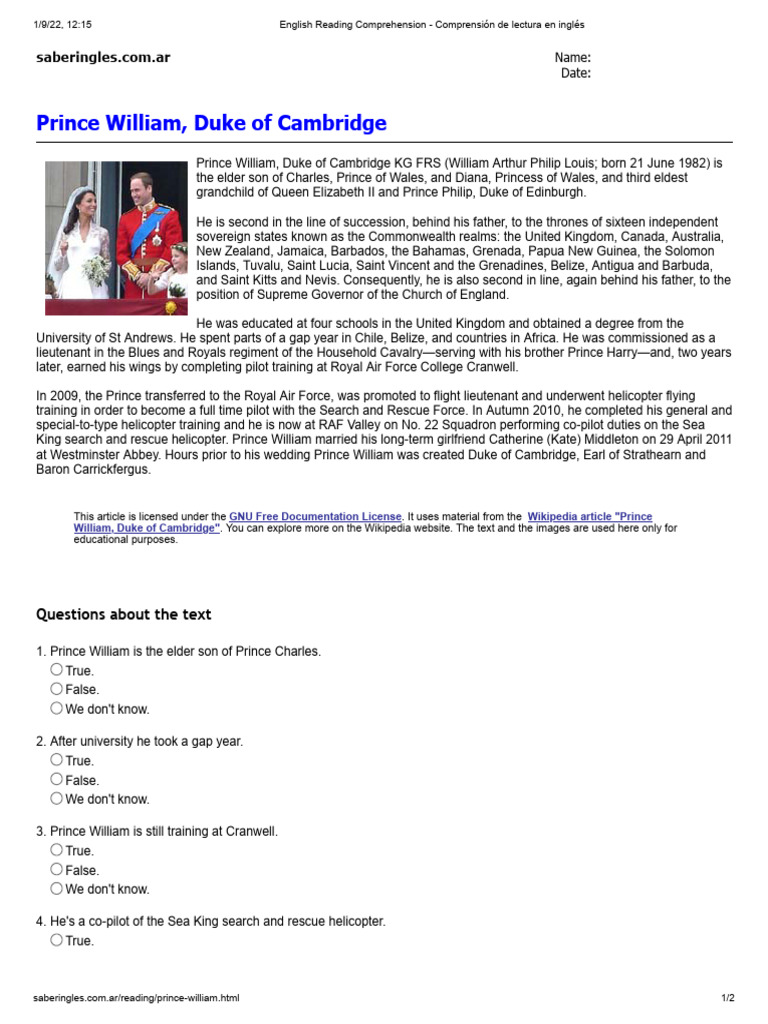 English Reading Comprehension - Comprensión de Lectura en Inglés PRINCE ...