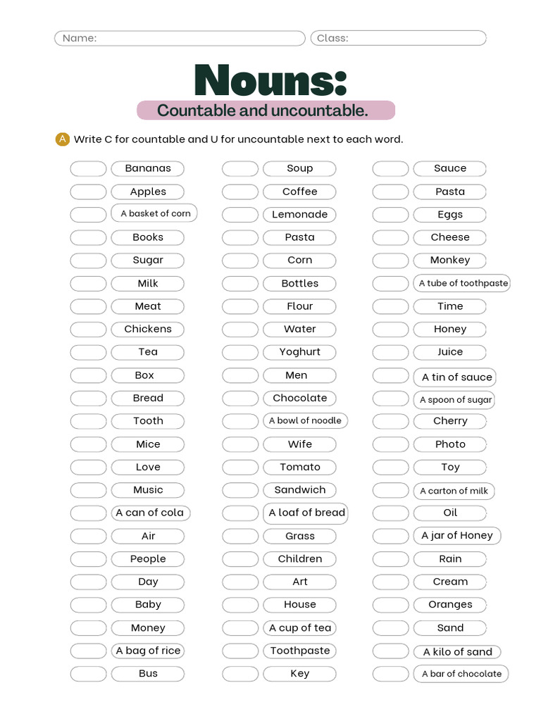 Countable Uncountable Noun Year 3 Exercise | PDF
