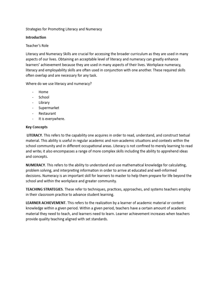 Strategies For Promoting Literacy and Numeracy | PDF