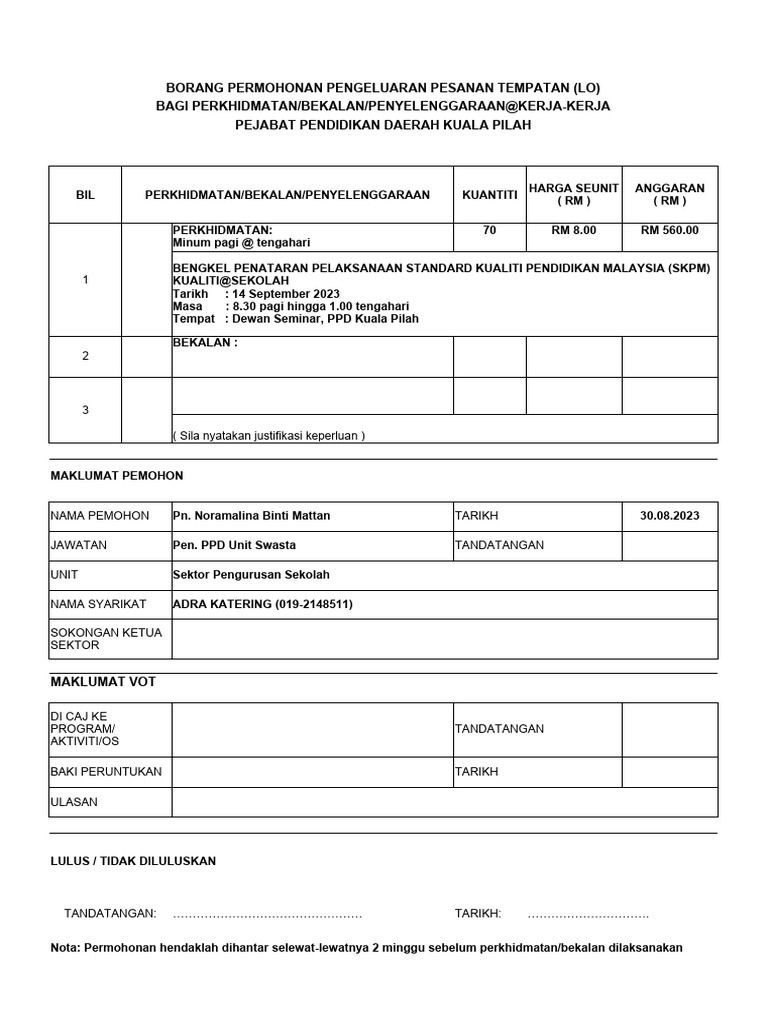 Borang Permohonan Makan Minum PINK FORM | PDF