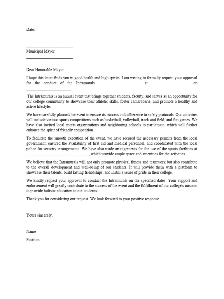 Sample Request For Approval To Conduct Event Address To The Municipal ...