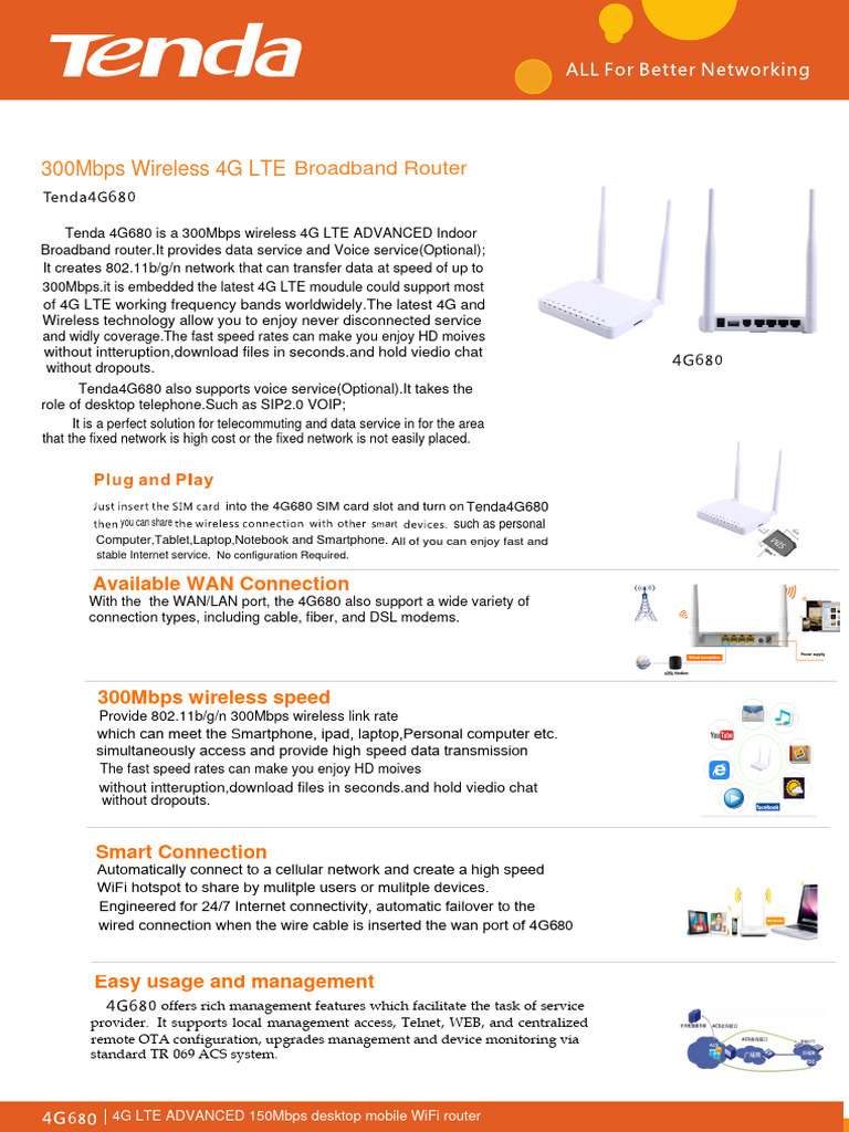 Tenda-4G680 Datasheet | PDF | Wi Fi | Internet Access