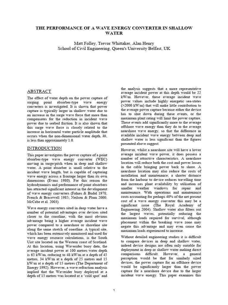 Wave Energy Converter Performance in Shallow Water | PDF | Waves | Force