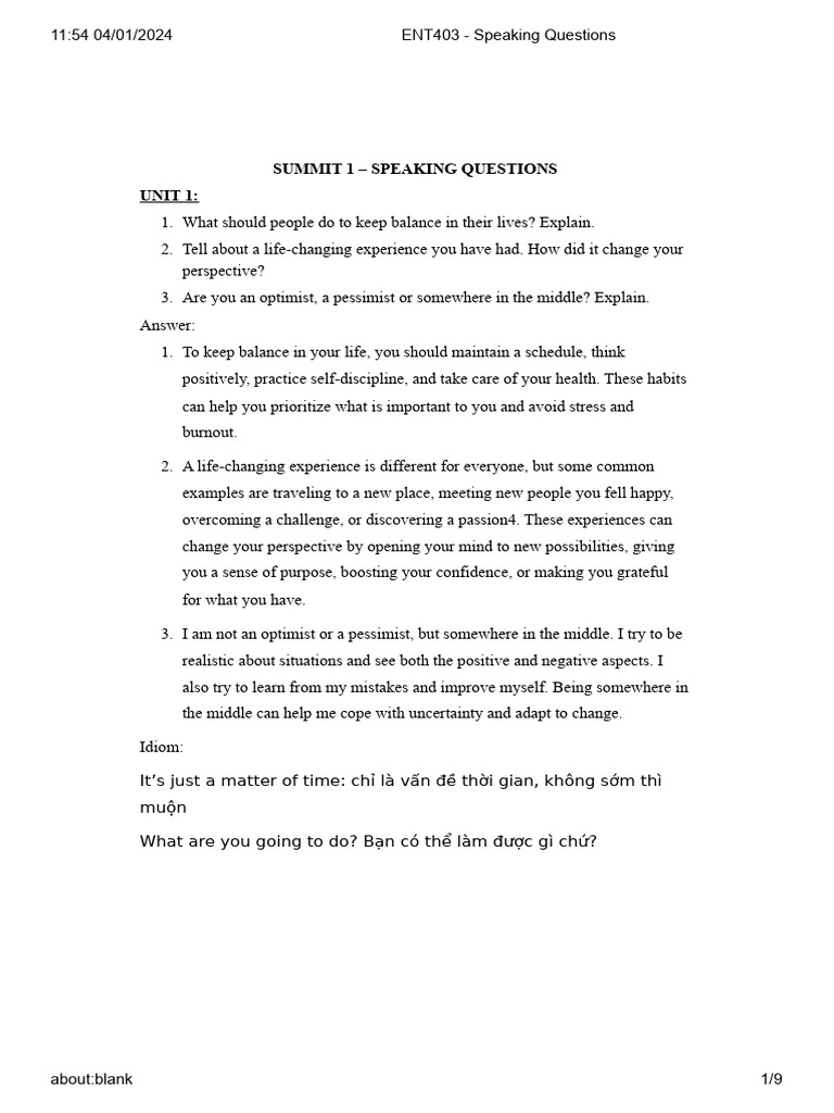 ENT403 - Speaking Questions | PDF