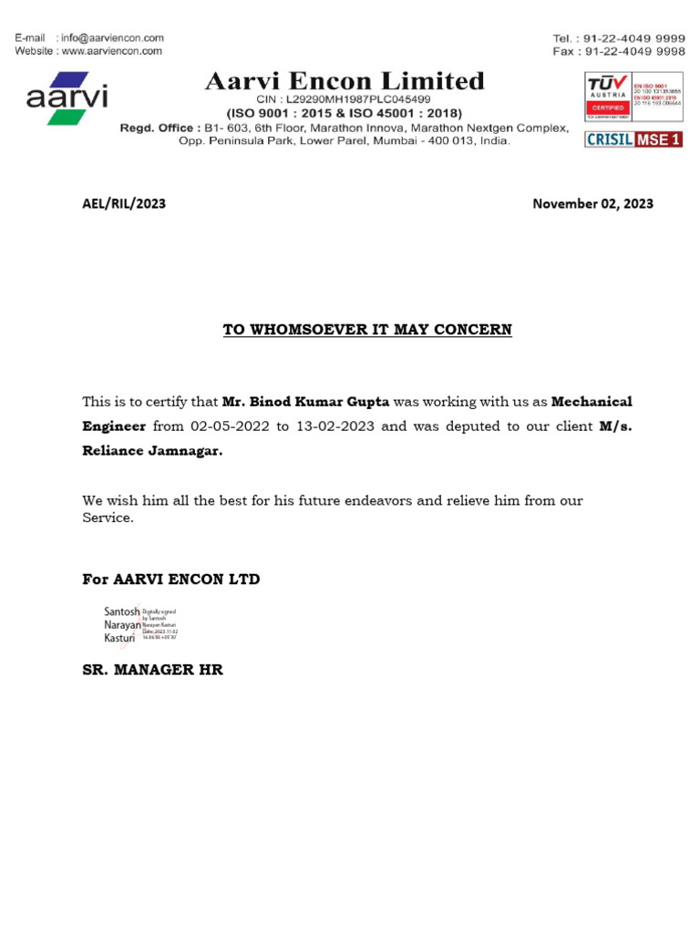 Aarvi Encon Exp. Letter | PDF