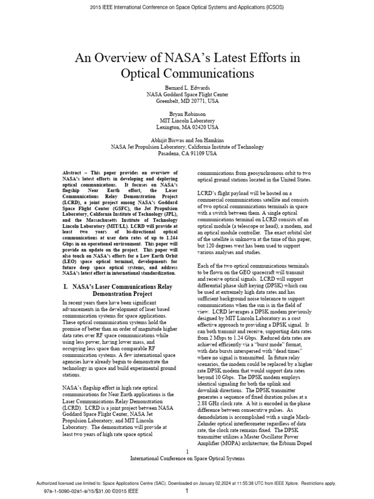 An Overview of NASAs Latest Efforts in Optical Communications | PDF ...