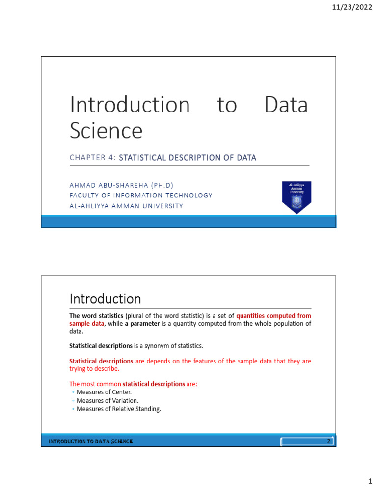 To Data Science: Chapter 4: Statistical Description of Data | PDF