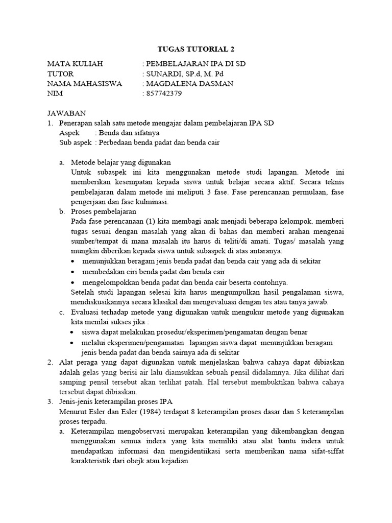 Tugas Tutorial 2 Pembelajaran Ipa SD | PDF | Karier & Perkembangan | Sains & Matematika