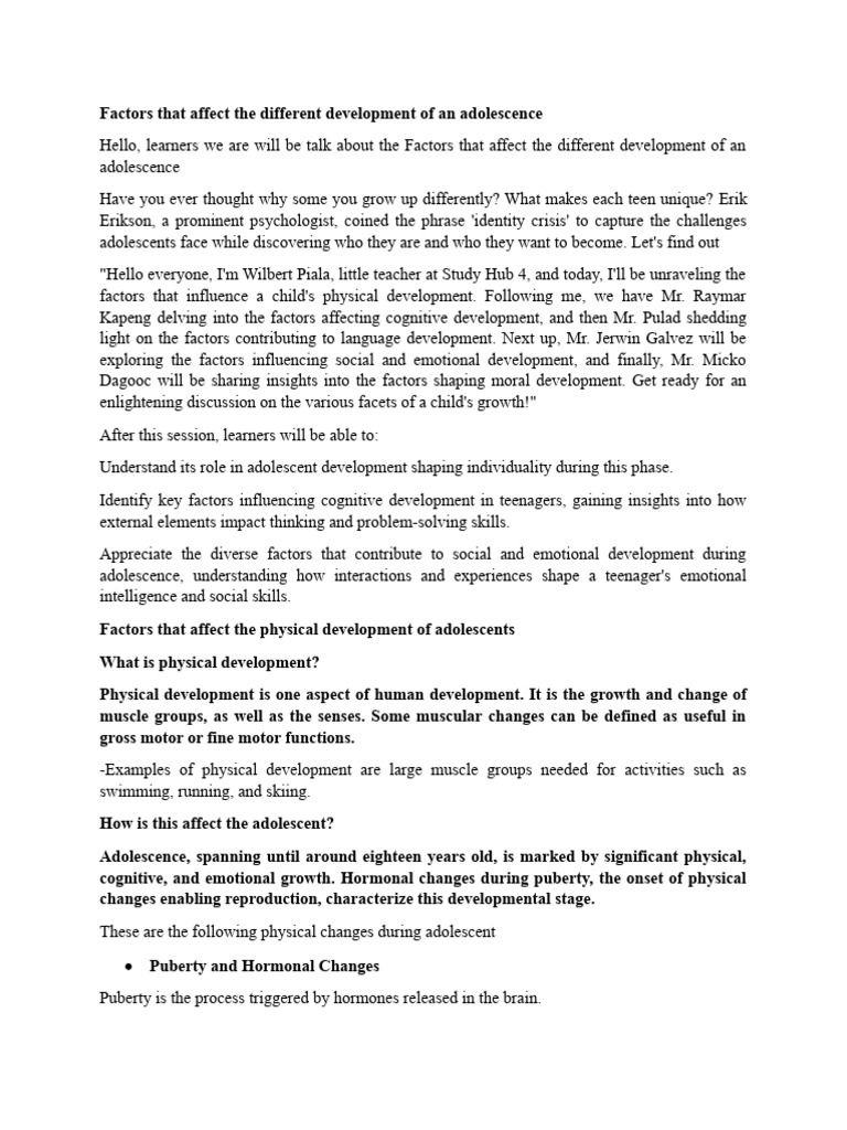 Factors That Affect The Physical Development of Adolescents | PDF