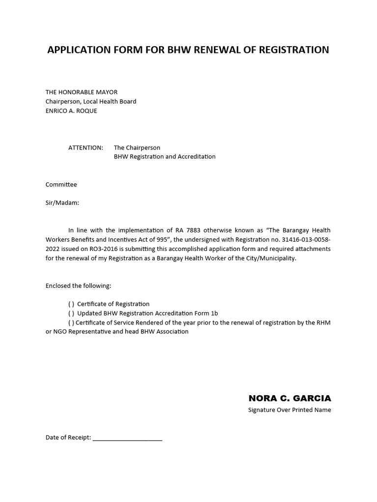Application Form For BHW Renewal of Registration | PDF