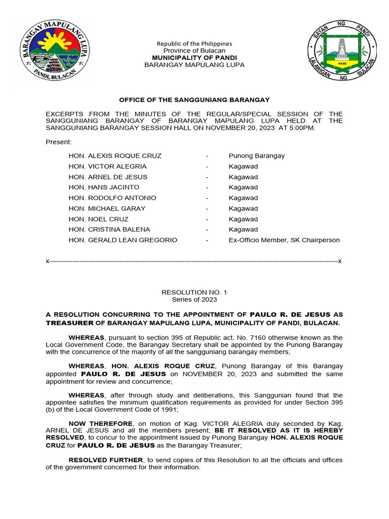 Brgy. Resolution Treasurer | PDF