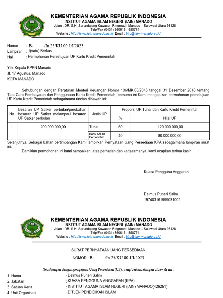 Permohonan Persetujuan Uang Persediaan 00001 - UP - 426251 - 2023 | PDF