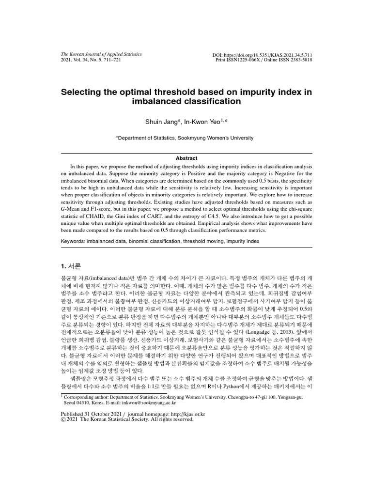 Selecting The Optimal Threshold Based On Impurity Index in Imbalanced Classification | PDF